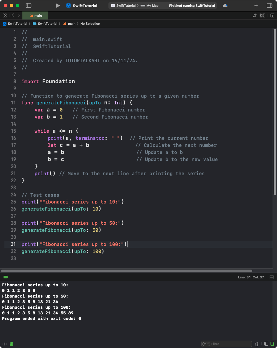 Swift - Generate Fibonacci Series up to Given Number